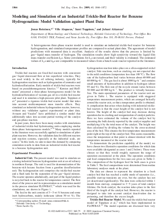 (PDF) Modeling and Simulation of an Industrial Trickle-Bed Reactor for Benzene Hydrogenation ...