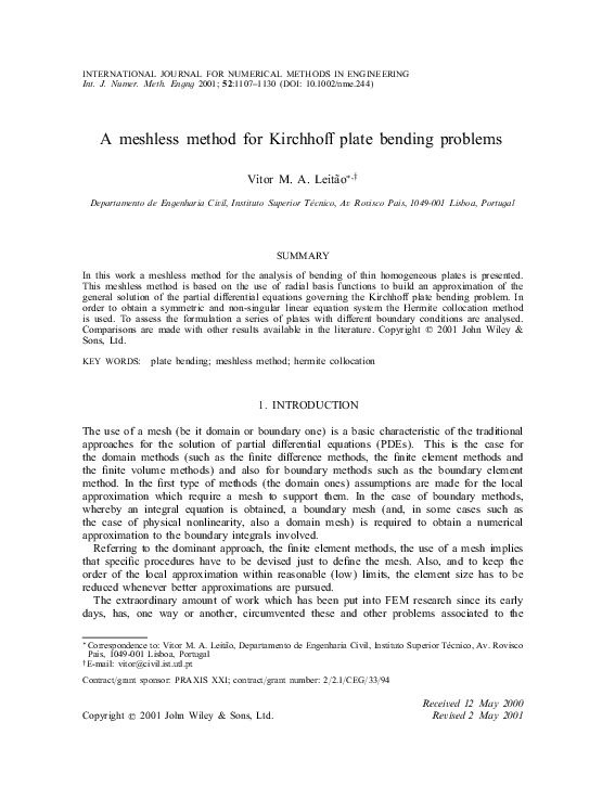 (PDF) A meshless method for Kirchhoff plate bending problems