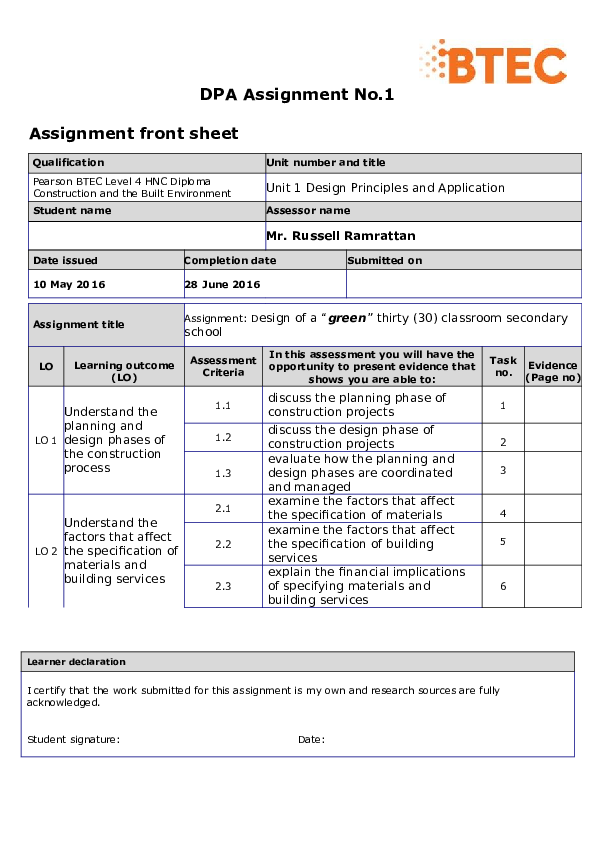 (DOC) DPA Assignment No.1 Assignment front sheet Qualification Unit number and title Pearson ...