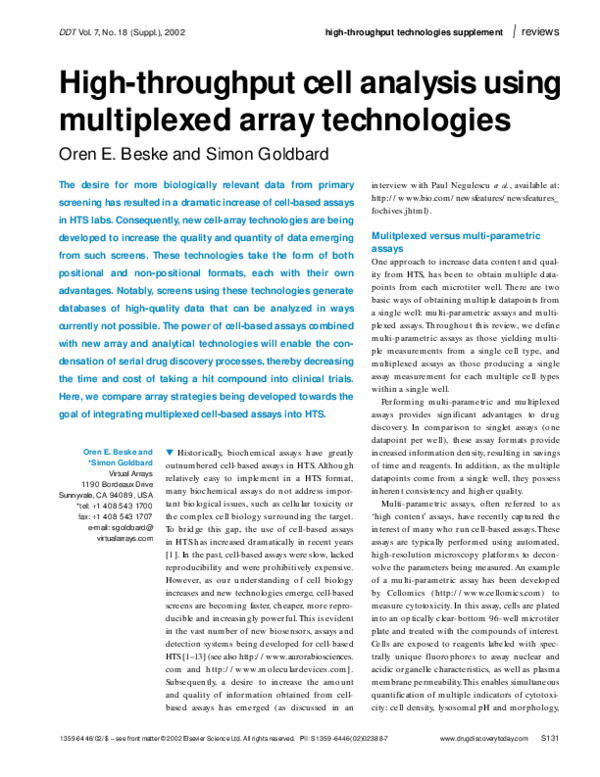 Pdf High Throughput Cell Analysis Using Multiplexed Array Technologies