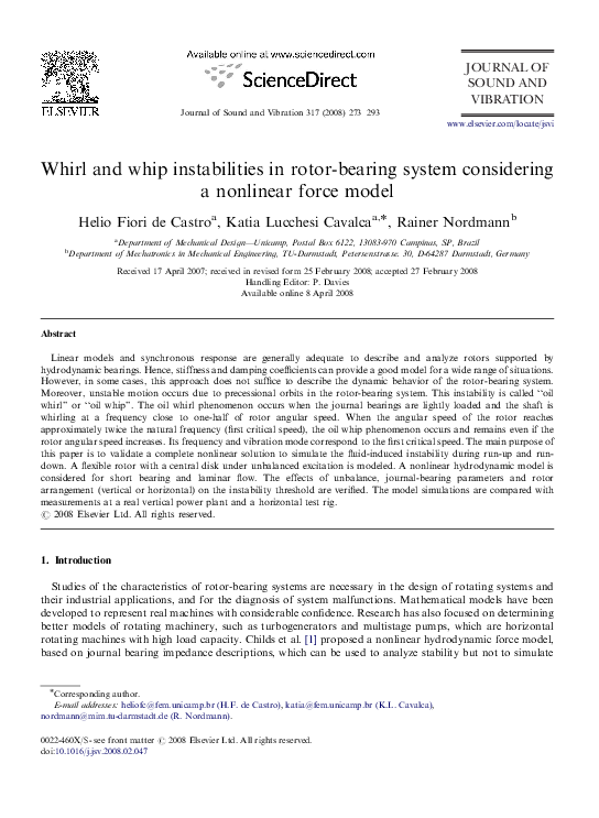 (PDF) Whirl and whip instabilities in rotor-bearing system considering ...