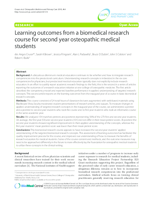 (PDF) Learning outcomes from a biomedical research course for second ...