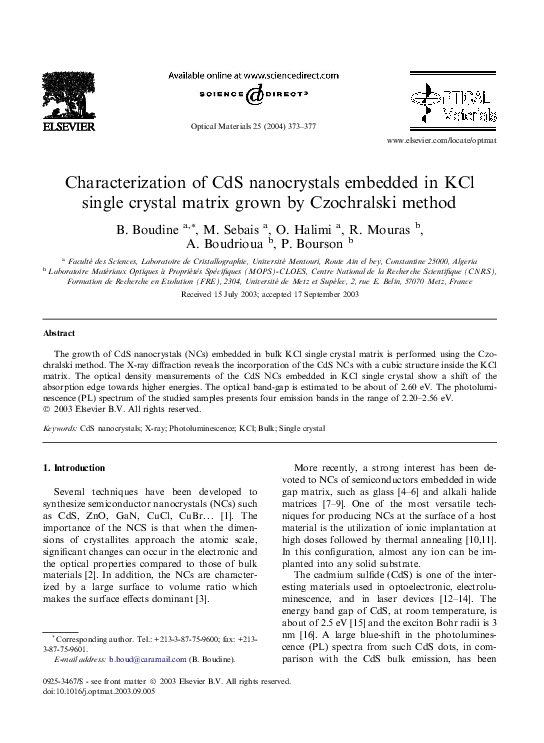 (PDF) Characterization of CdS nanocrystals embedded in KCl single ...