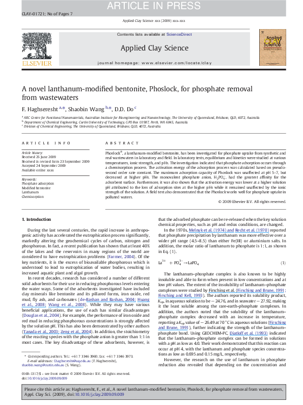 (PDF) A novel lanthanum-modified bentonite, Phoslock, for phosphate ...