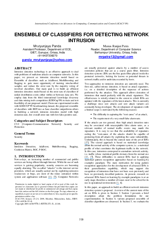 Pdf Ensemble Of Classifiers For Detecting Network Intrusion