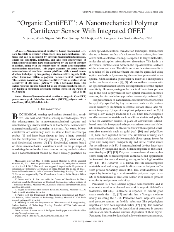 (PDF) Organic CantiFET”: A Nanomechanical Polymer Cantilever Sensor With Integrated OFET