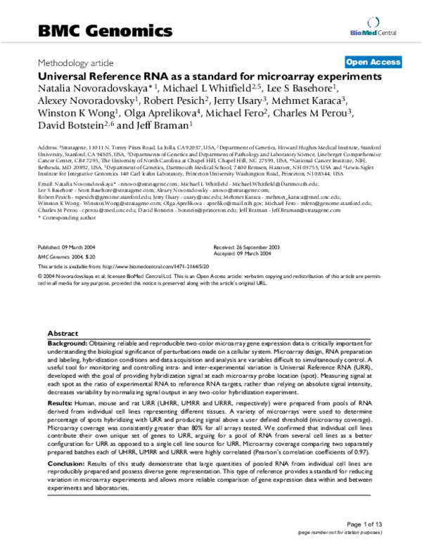 (PDF) Universal Reference RNA as a standard for microarray experiments