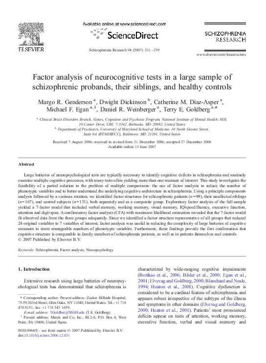 Pdf Factor Analysis Of Neurocognitive Tests In A Large Sample Of