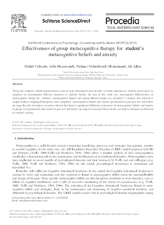 (PDF) Effectiveness of Group Metacognitive Therapy for Student's Metacognitive Beliefs and ...