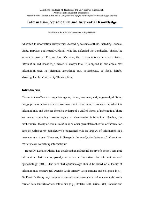(PDF) Information, Veridicality and Inferential Knowledge