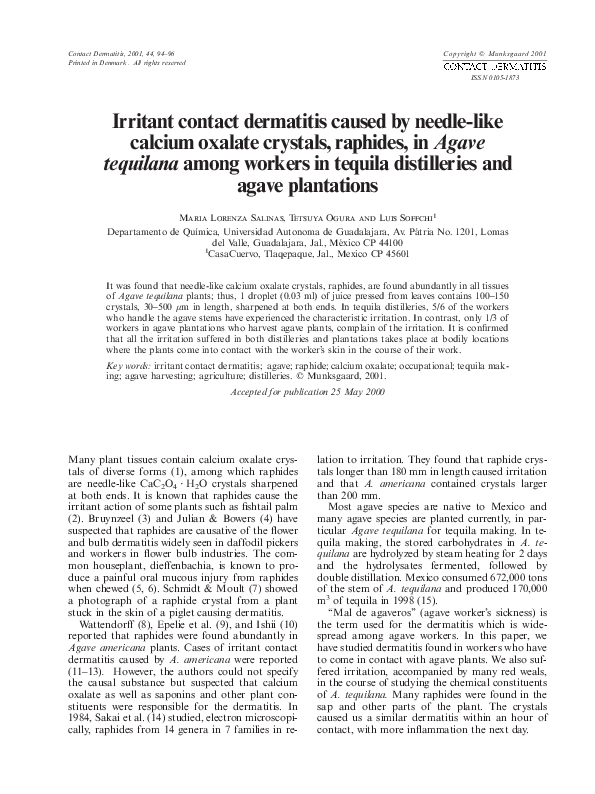 (PDF) Irritant contact dermatitis caused by needle-like calcium oxalate ...