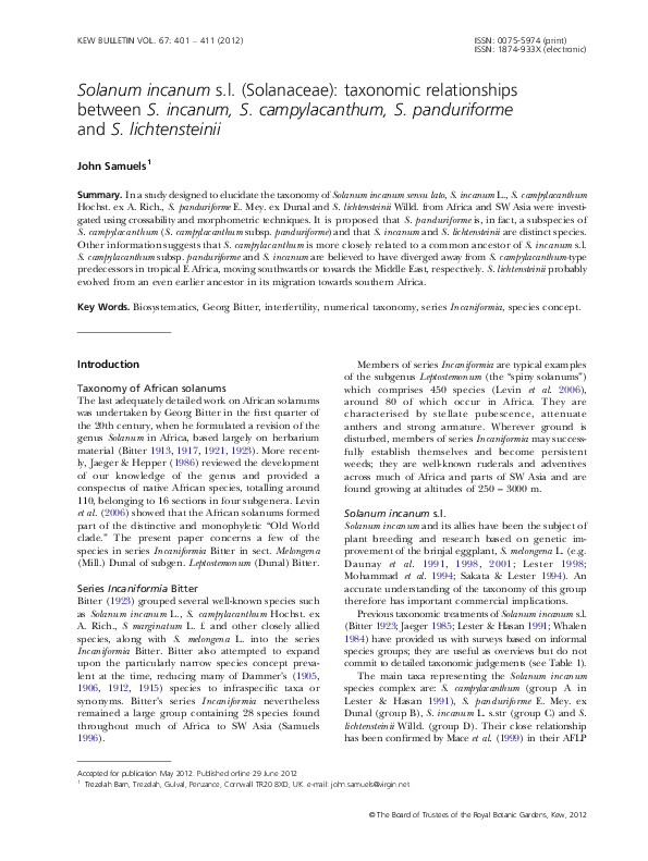 (PDF) Solanum incanum s.l. (Solanaceae): taxonomic relationships ...
