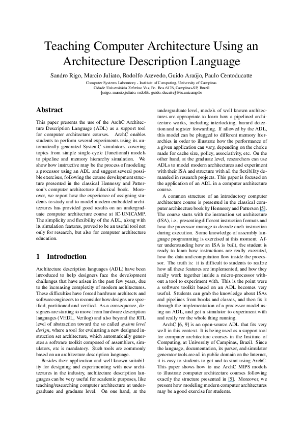 Pdf Teaching Computer Architecture Using An Architecture Description Language