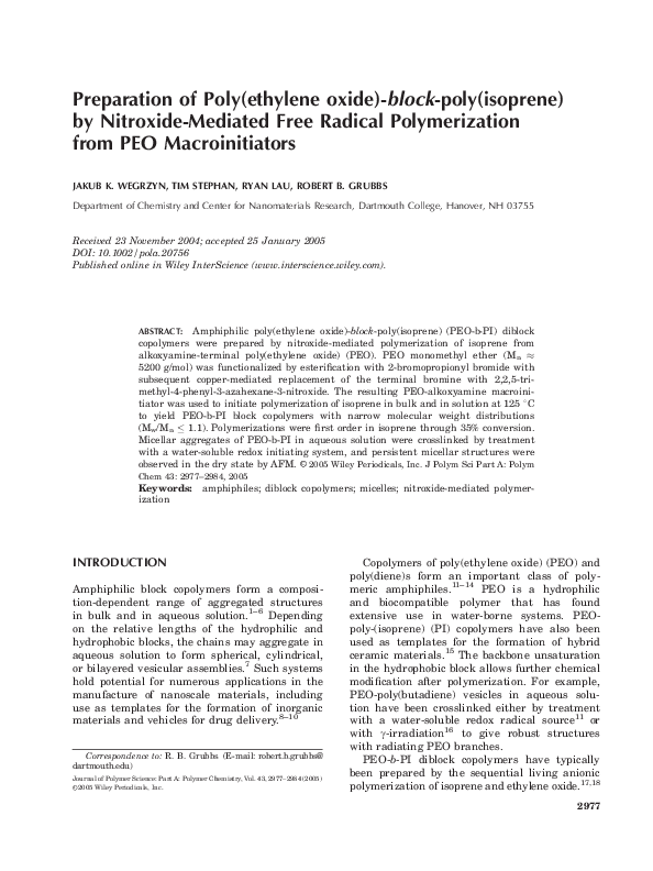 (PDF) Preparation of poly(ethylene oxide)-block-poly(isoprene) by nitroxide-mediated free ...