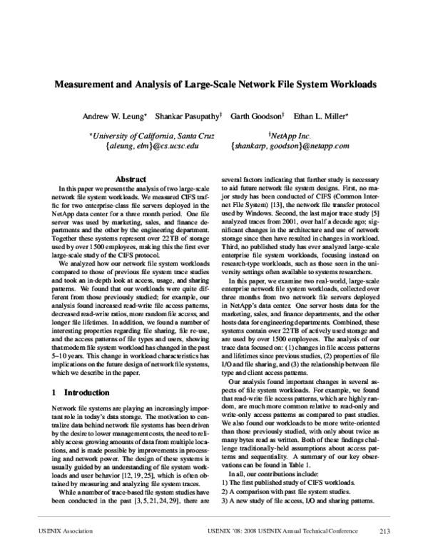 (PDF) Measurement and Analysis of Large-Scale Network File System Workloads (PDF) Measurement and Analysis of Large-Scale Network File System Workloads