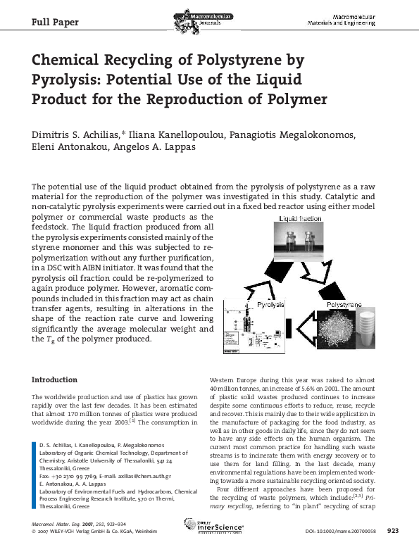 (PDF) Chemical Recycling of Polystyrene by Pyrolysis: Potential Use of ...
