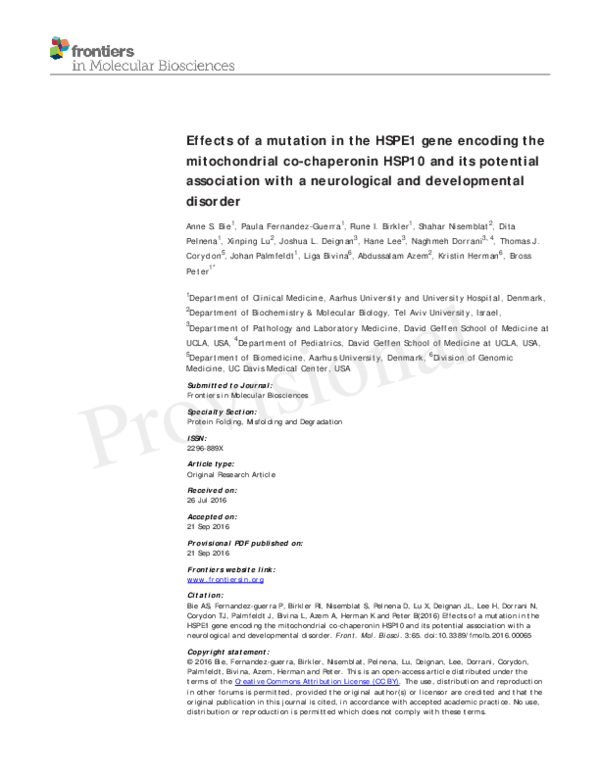 (PDF) Effects of a mutation in the HSPE1 gene encoding the ...
