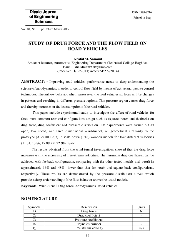 (PDF) STUDY OF DRUG FORCE AND THE FLOW FIELD ON ROAD VEHICLES STUDY OF ...