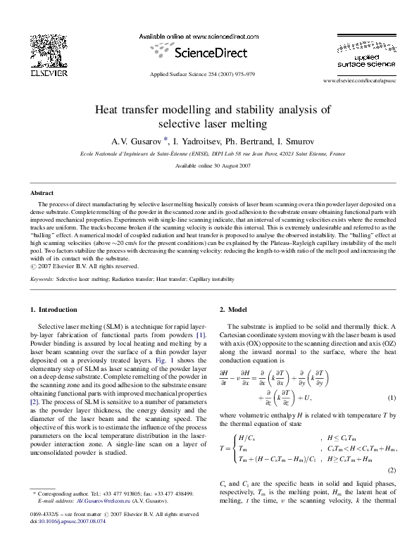 (PDF) Heat transfer modelling and stability analysis of selective laser melting