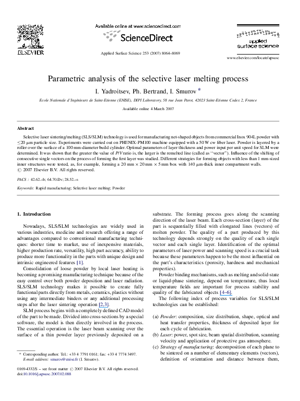 Pdf Parametric Analysis Of The Selective Laser Melting Process