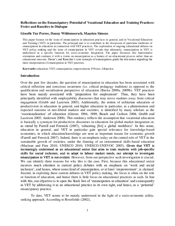 (PDF) Reflections on the Emancipatory Potential of Vocational Education ...