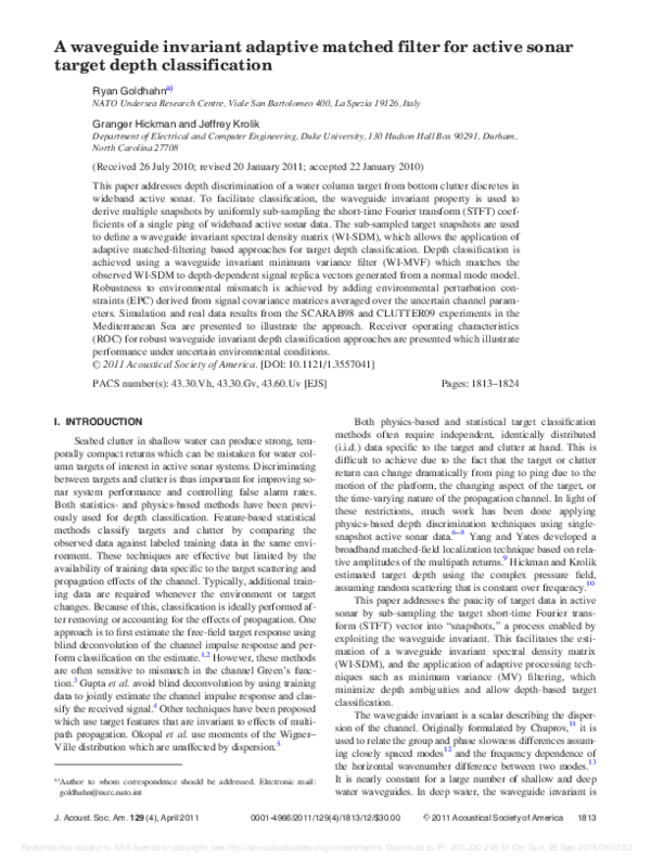 Pdf A Waveguide Invariant Adaptive Matched Filter For Active Sonar Target Depth Classification
