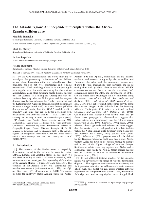 (PDF) The Adriatic region: An independent microplate within the Africa ...