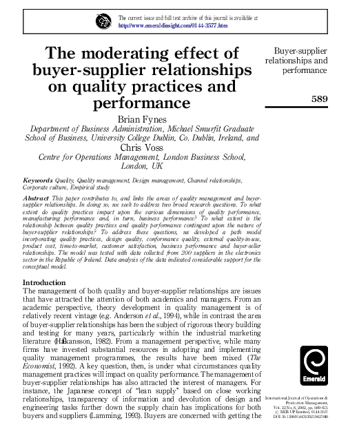 (PDF) The moderating effect of buyer-supplier relationships on quality practices and performance