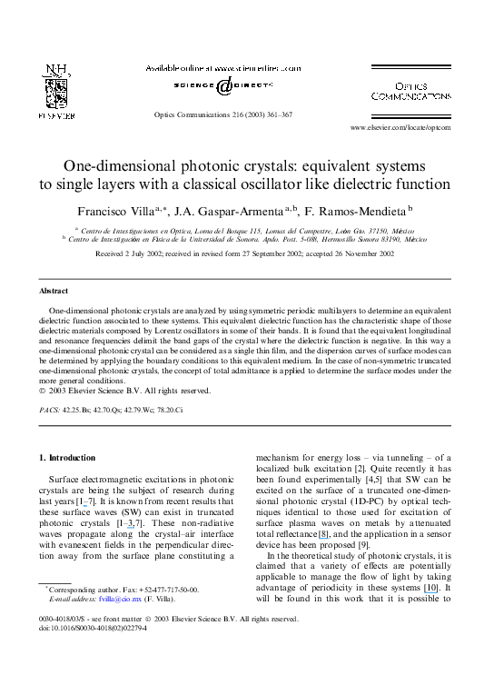 (PDF) One-dimensional photonic crystals: equivalent systems to single layers with a classical ...