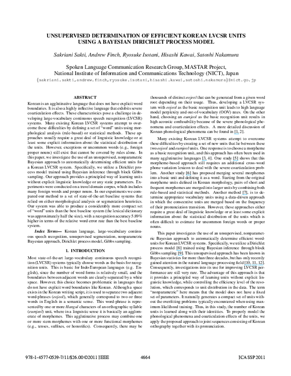 Pdf Unsupervised Determination Of Efficient Korean Lvcsr Units Using A Bayesian Dirichlet