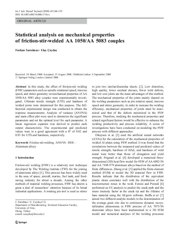 (PDF) Statistical analysis on mechanical properties of friction-stir-welded AA 1050/AA 5083 couples