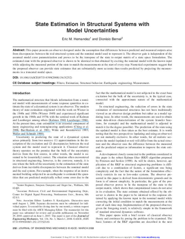 (PDF) State Estimation in Structural Systems with Model Uncertainties | Eric Hernandez and ...