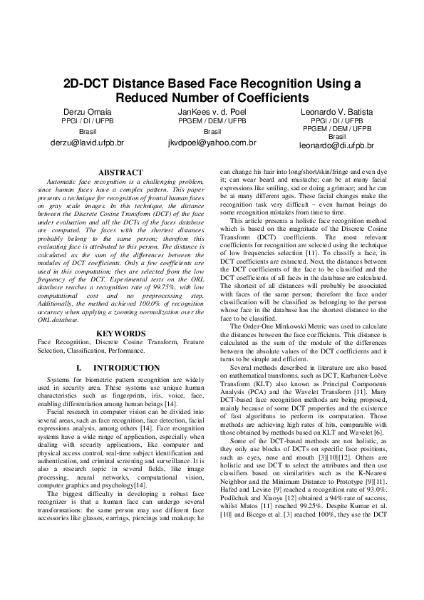 (PDF) 2D-DCT Distance Based Face Recognition Using a Reduced Number of Coefficients