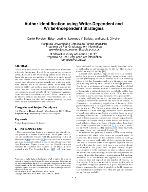 Pdf Author Identification Using Writer Dependent And Writer Independent Strategies