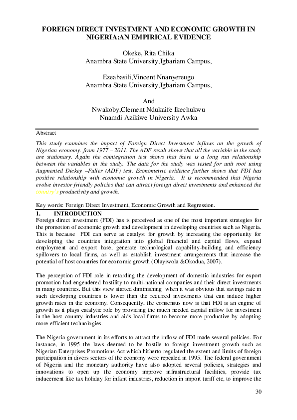 (PDF) FOREIGN DIRECT INVESTMENT AND ECONOMIC GROWTH IN NIGERIA:AN EMPIRICAL EVIDENCE