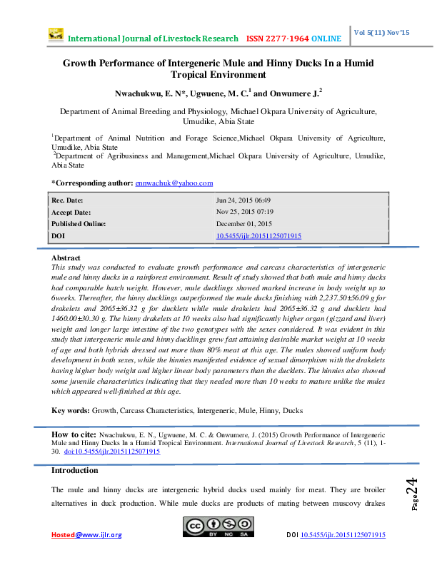 (PDF) Growth Performance of Intergeneric Mule and Hinny Ducks In a ...