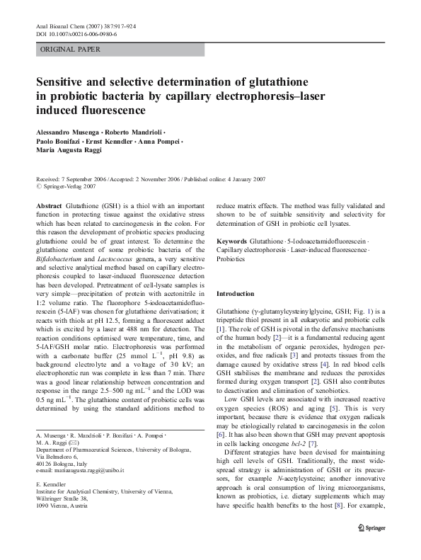 (PDF) Sensitive and selective determination of glutathione in probiotic bacteria by capillary ...