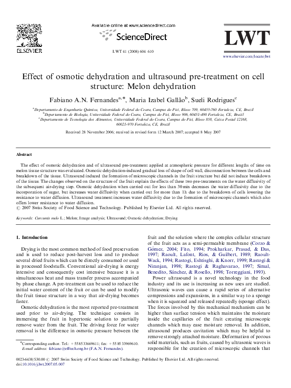 (PDF) Effect of osmotic dehydration and ultrasound pre-treatment on cell structure: Melon ...