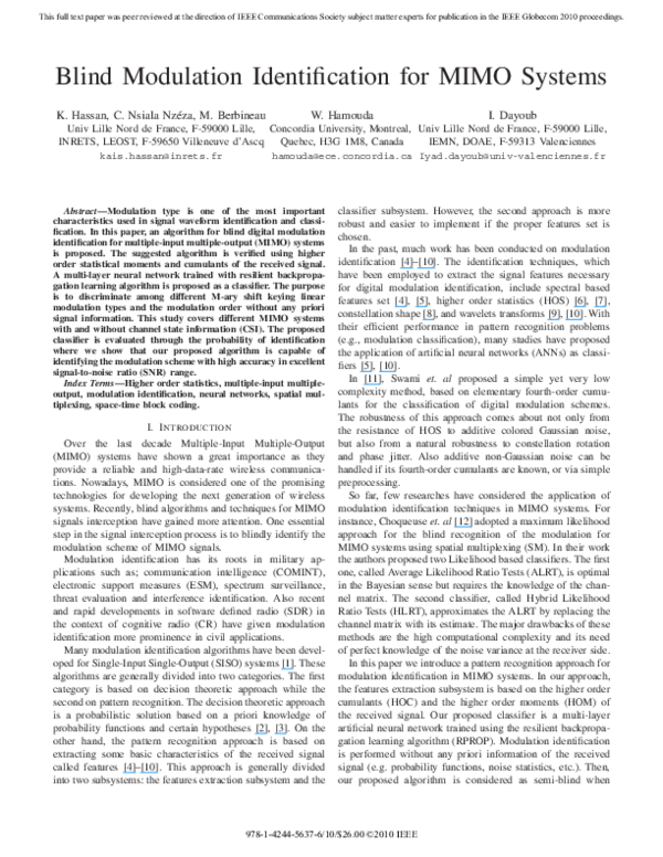 (PDF) Blind Modulation Identification for MIMO Systems (PDF) Blind Modulation Identification for MIMO Systems