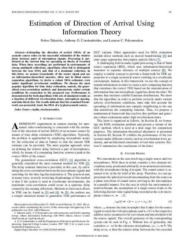 Pdf Estimation Of Direction Of Arrival Using Information Theory