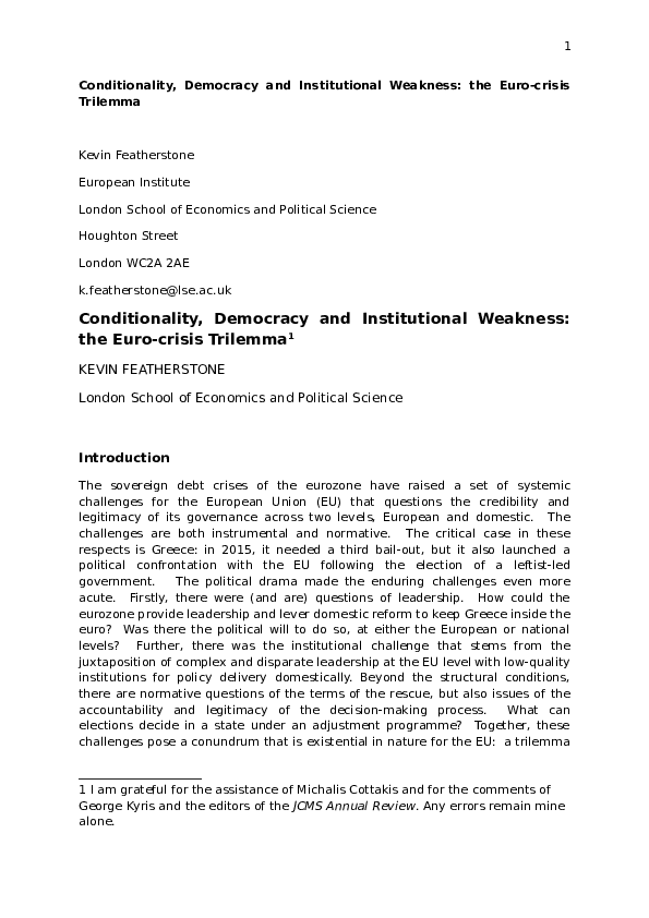 (DOC) Conditionality, Democracy and Institutional Weakness: the Euro ...