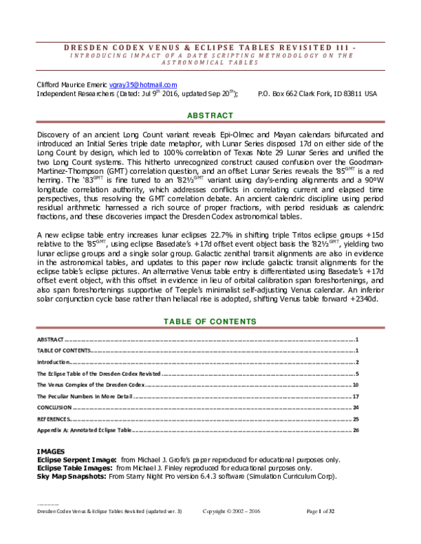 (PDF) Dresden Codex Venus & Eclipse Tables Revisted III - Introducing ...