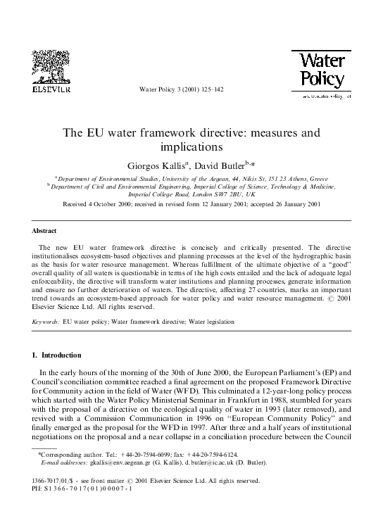 Pdf The Eu Water Framework Directive Measures And Implications