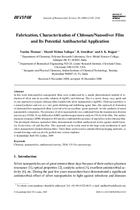 (PDF) Fabrication, Characterization of Chitosan/Nanosilver Film and Its Potential Antibacterial ...