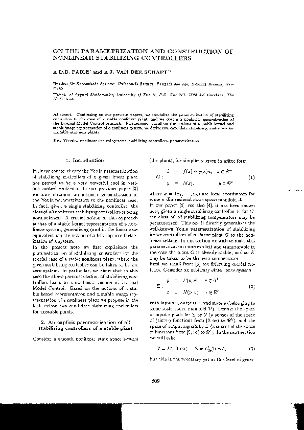 (PDF) On the parametrization and construction of nonlinear stabilizing controllers | Andrew ...