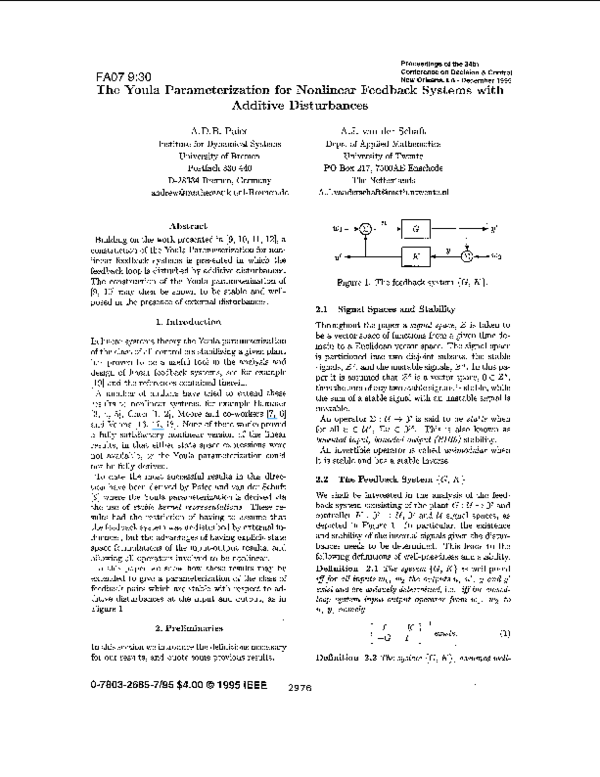 Pdf The Youla Parameterization For Nonlinear Feedback Systems With Additive Disturbances