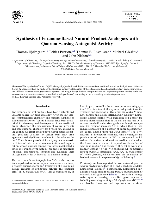 (PDF) Synthesis of furanone-Based natural product analogues with quorum ...