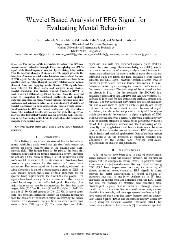 (PDF) Wavelet Based Analysis of EEG Signal for Evaluating Mental Behavior