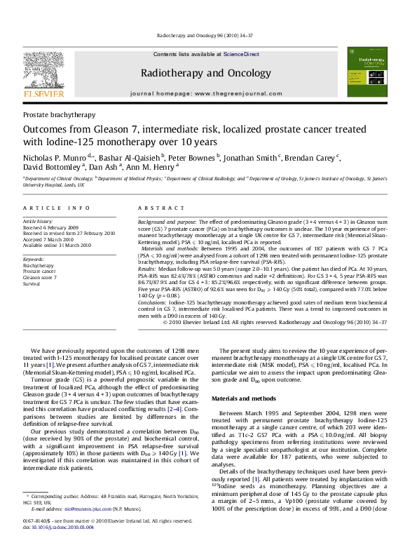 (PDF) Outcomes from Gleason 7, intermediate risk, localized prostate ...