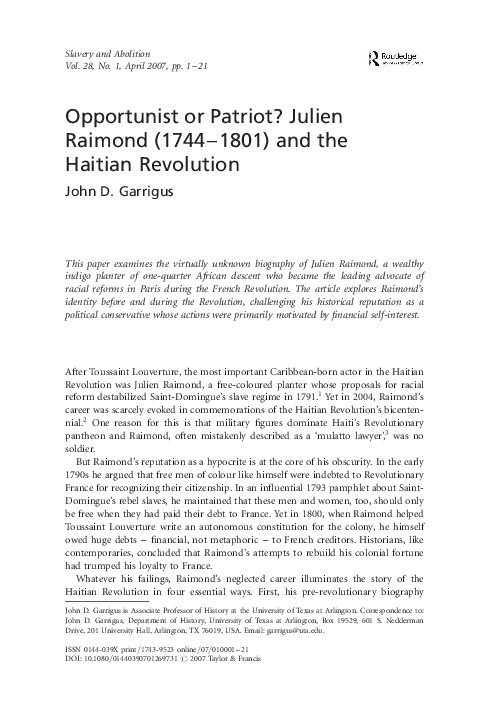 (PDF) Opportunist or Patriot? Julien Raimond (1744 – 1801) and the ...